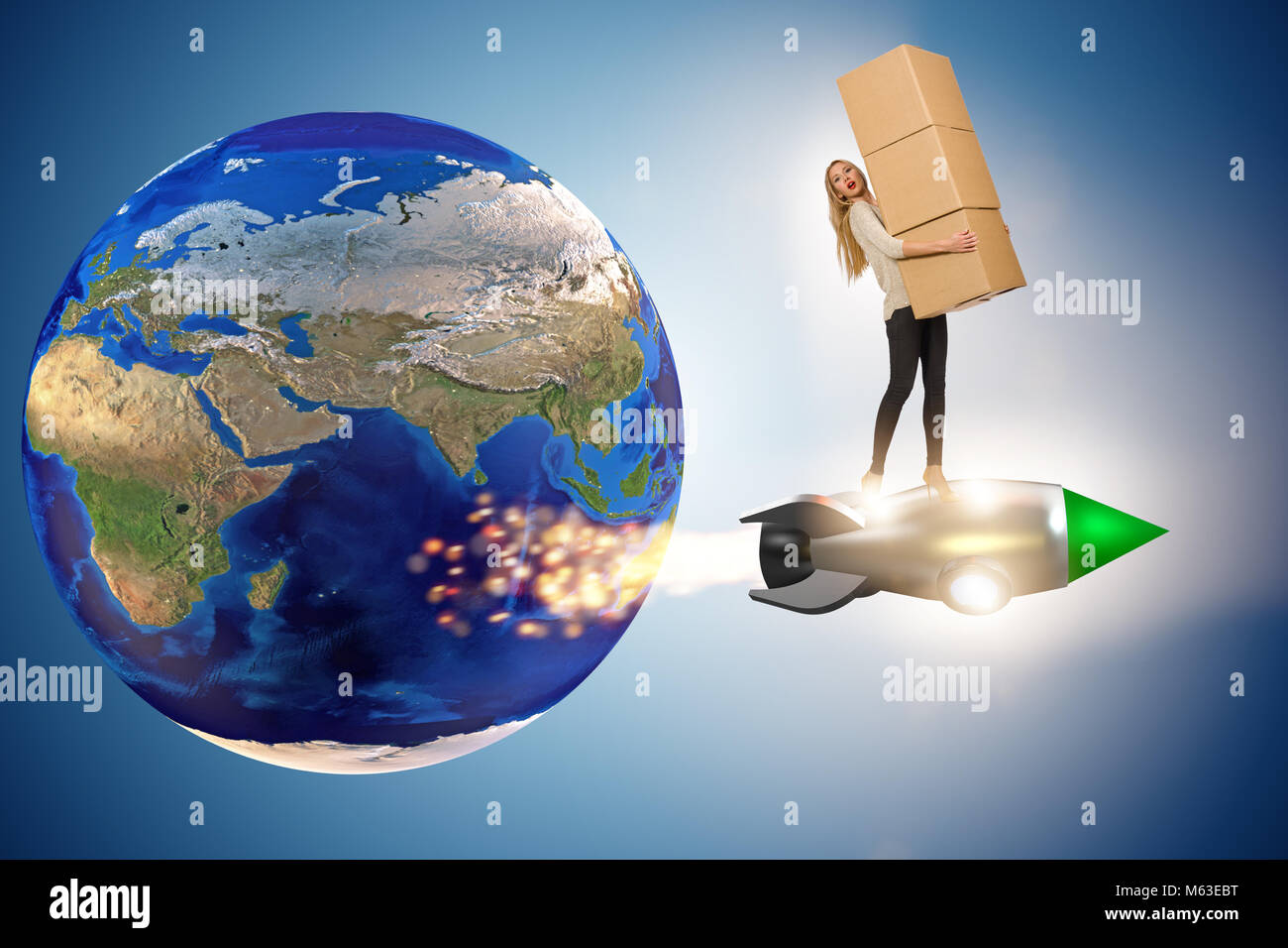 Woman flying jetpack and delivering boxes globally Stock Photo - Alamy