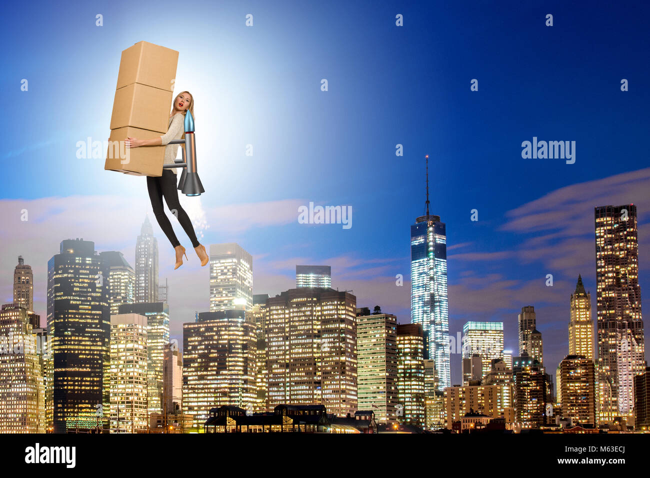 Woman in fast box delivery service on rocket Stock Photo - Alamy