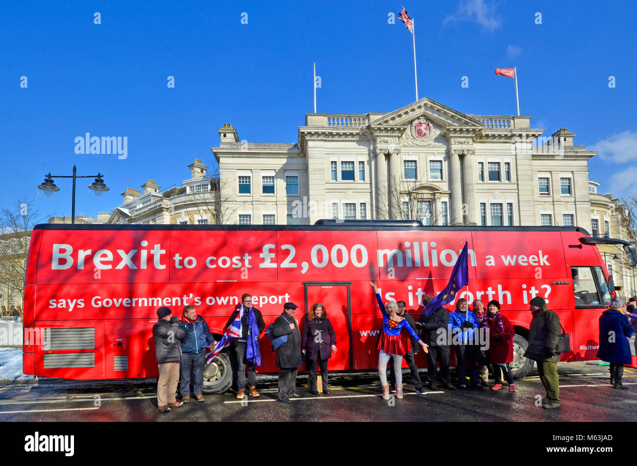 Maidstone, Kent. 28th Feb, 2018. The red 'Brexit Facts Bus' arrives in ...
