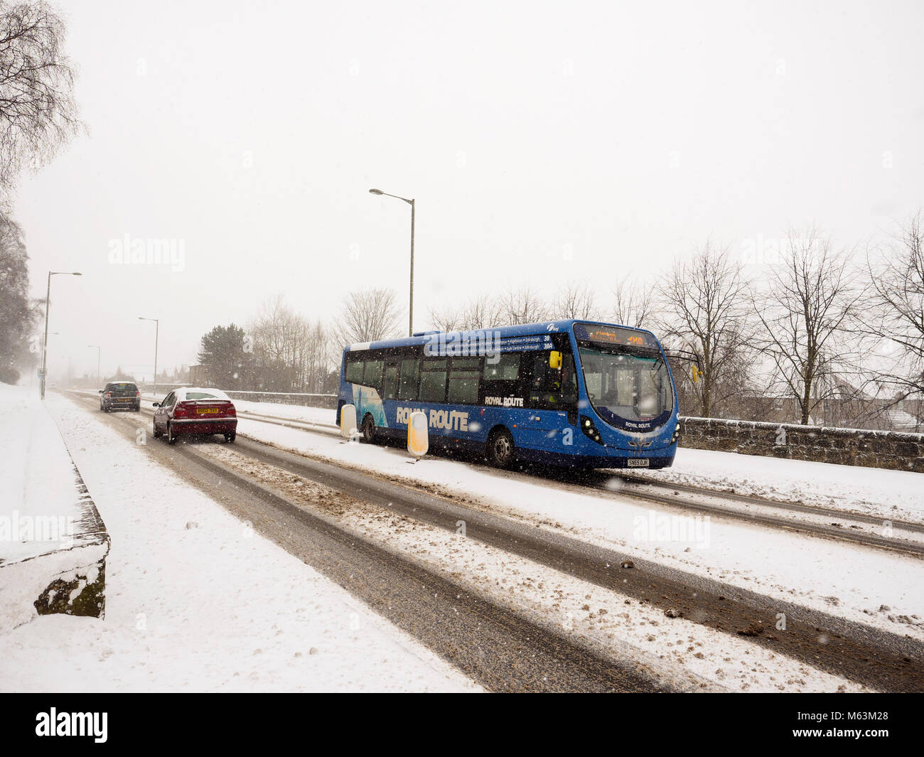 Falkirk, Scotland, UK. 28th February, 2018. A First bus navigates the ...