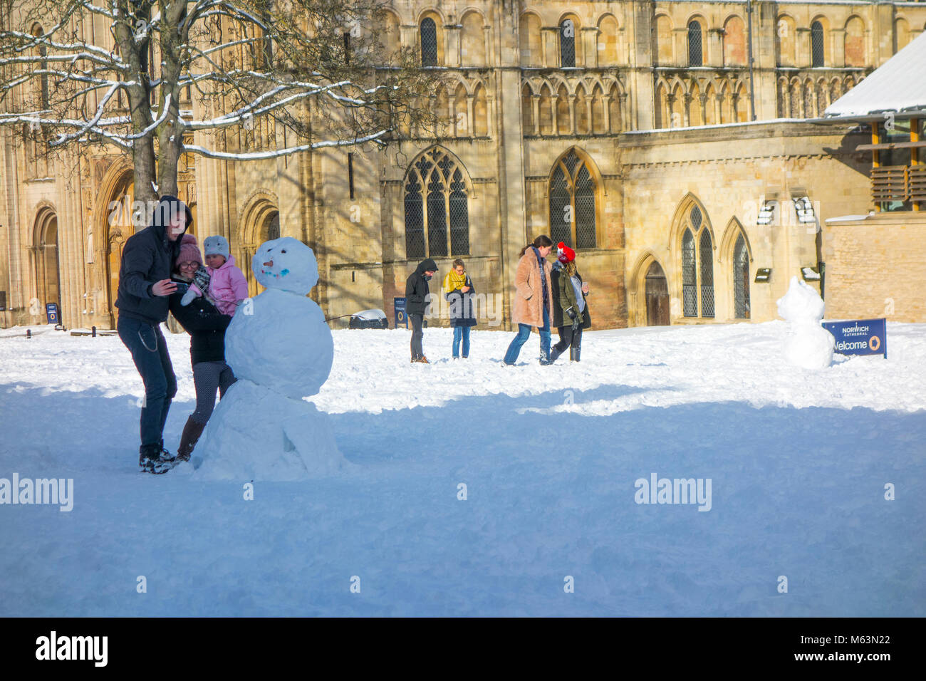 Norwich, Norfolk, UK. 28th February 2018. Snow and Snowmen in front of ...