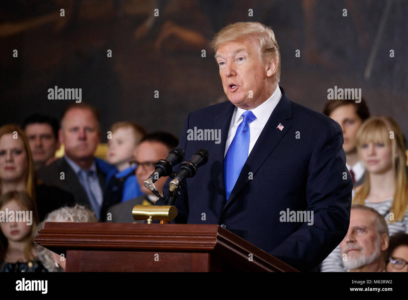 US President Donald J. Trump delivers remarks during a ceremony ...