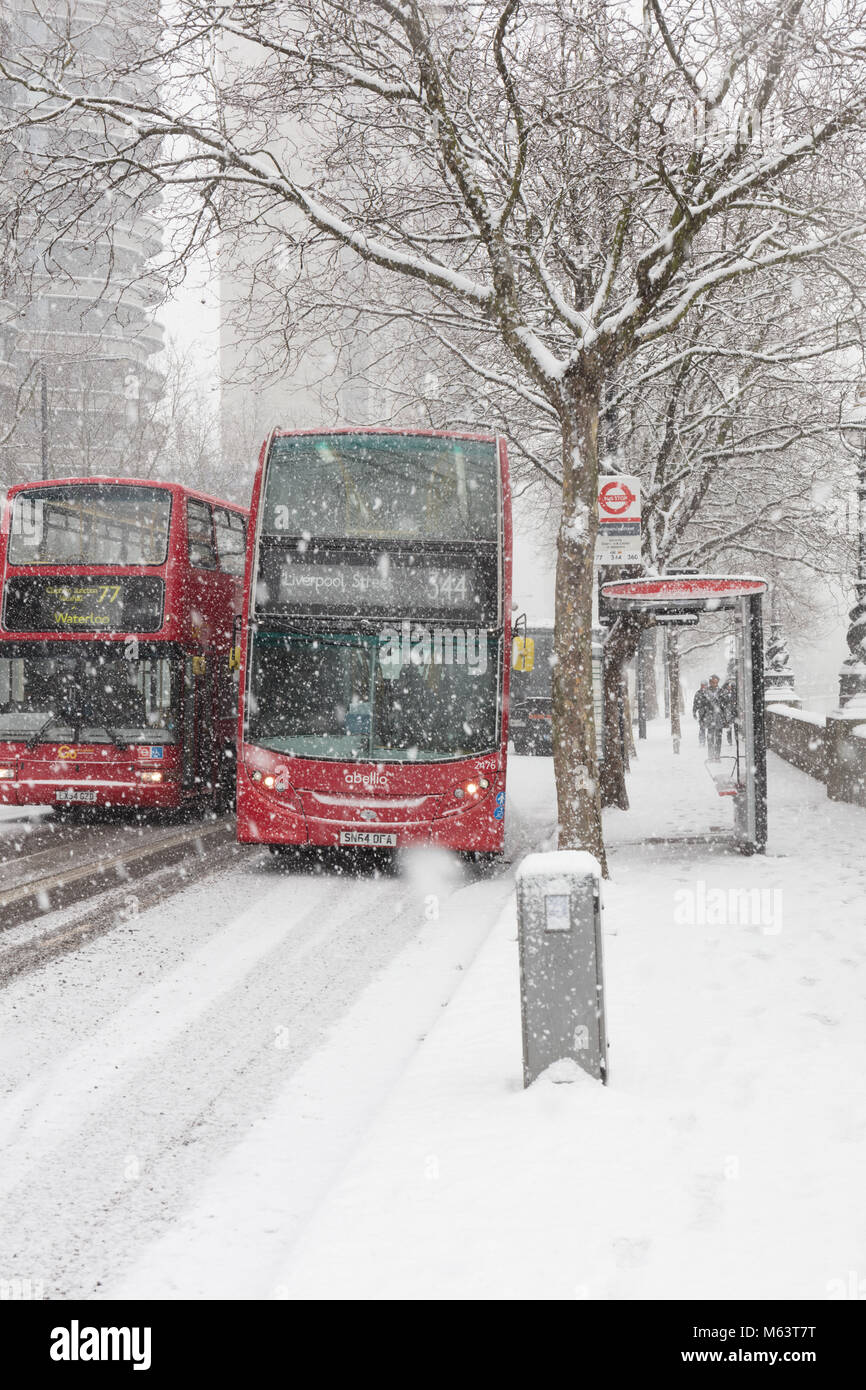 London, UK. 1st Mar, 2018. Two Red London Buses Carry on During the So ...