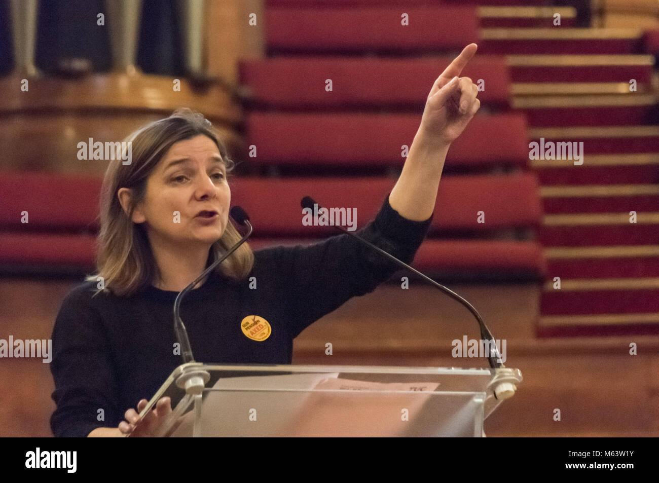 London, UK. 28 February 2018. Sally Hunt UCU General Secretaryspeaks at ...