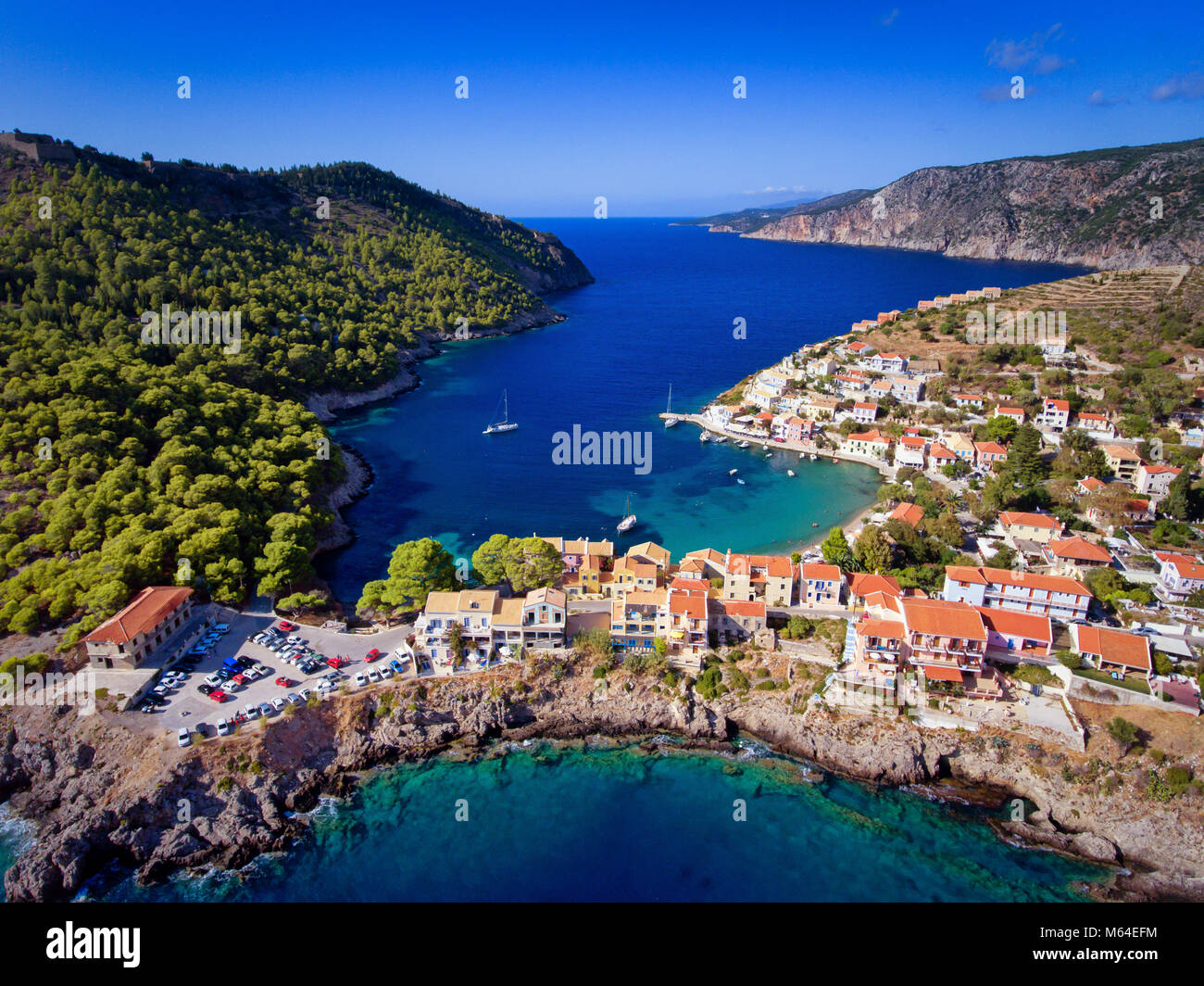 Aerial panoramic view of assos village coast kefalonia island hi-res ...