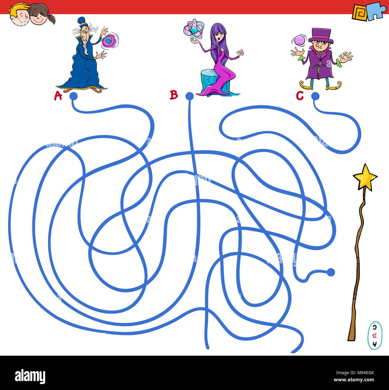 Cartoon Illustration of Paths or Maze Puzzle Activity Game with Wizard ...