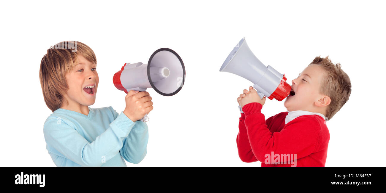 Funny little boy shouting through a megaphone to his friend. Isolated ...