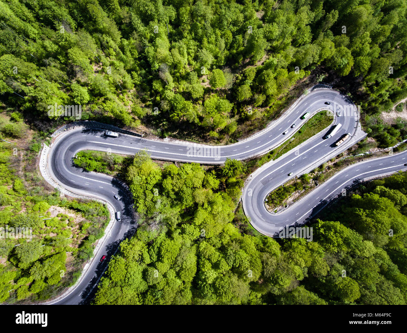 Cars on winding road trough the forest, Transfagarasan, Romania Stock ...
