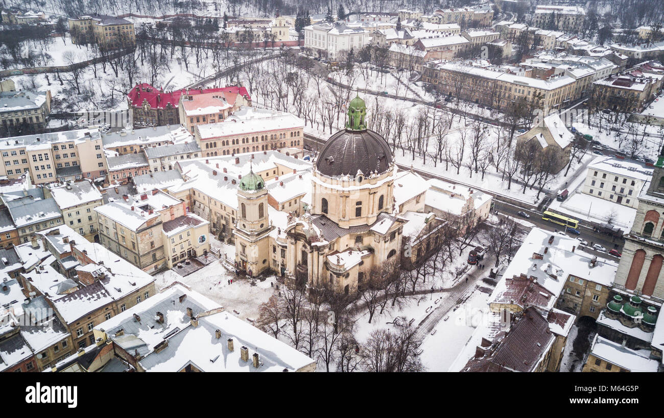 February, 2018 - Lviv, Ukraine. Top View of Lviv City Centre from above ...