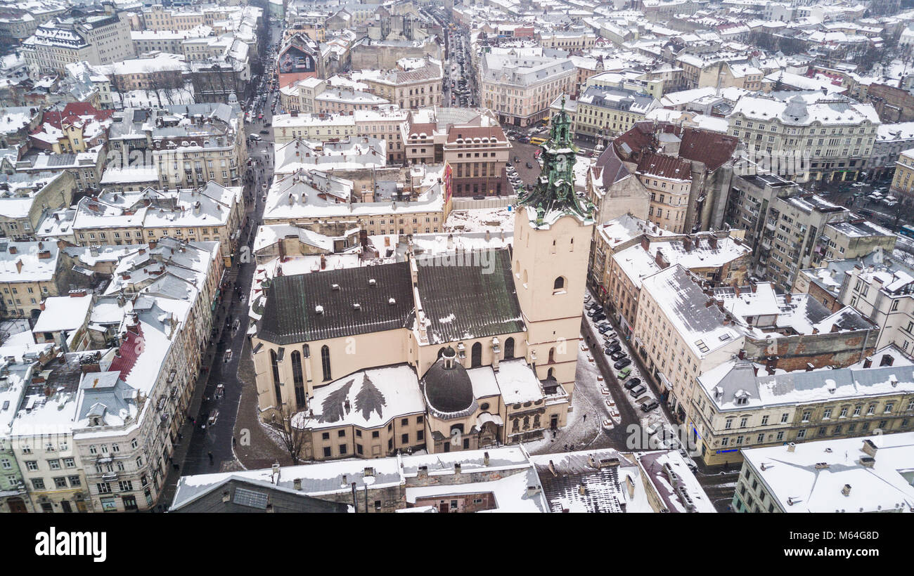 February, 2018 - Lviv, Ukraine. Top View of Lviv City Centre from above ...