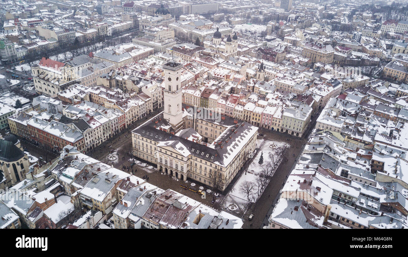 February, 2018 - Lviv, Ukraine. Top View of Lviv City Centre from above ...
