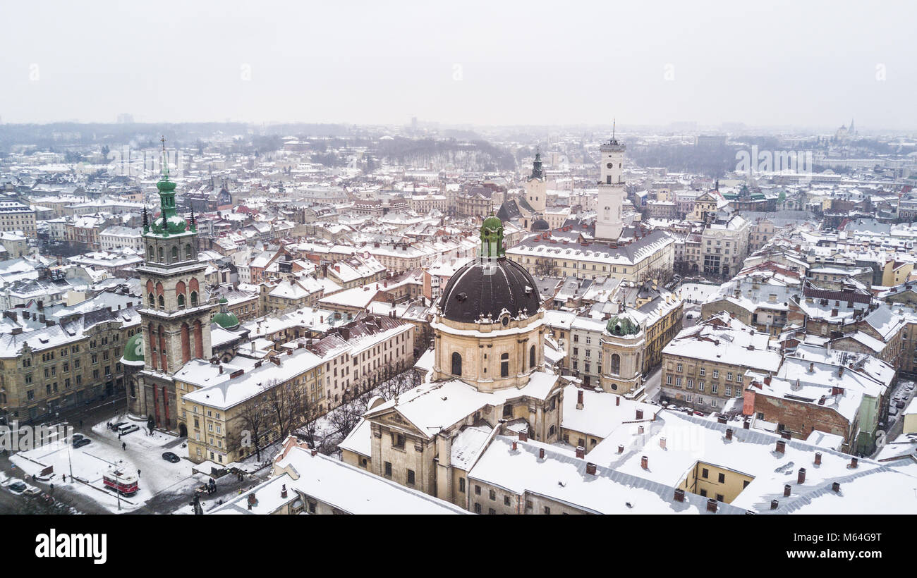 February, 2018 - Lviv, Ukraine. Top View of Lviv City Centre from above ...