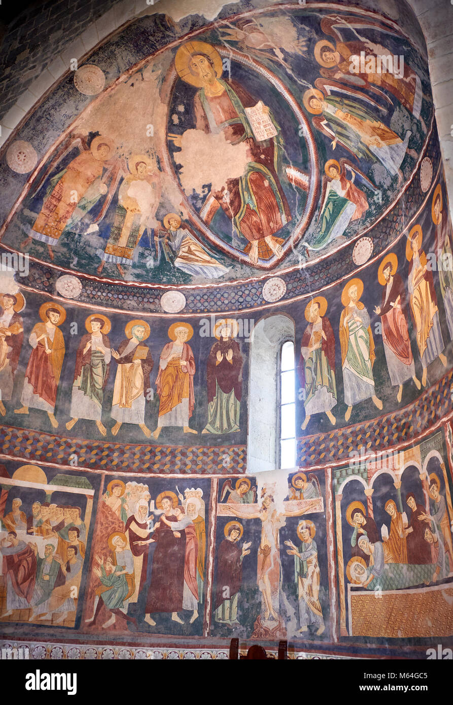 Interior Byzantine Romanesque style Christian frescoes of the central ...