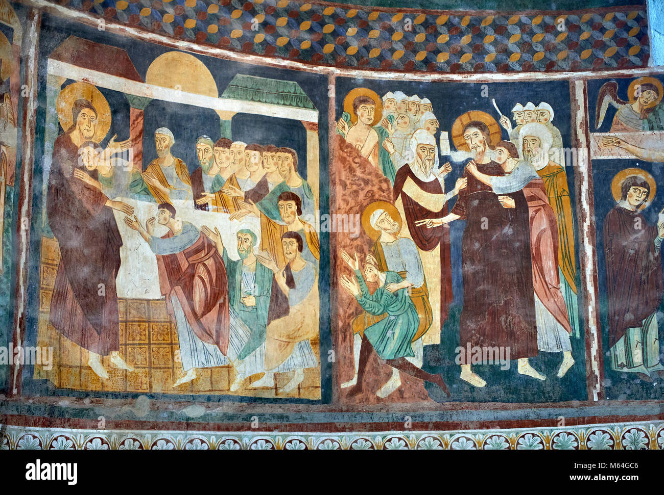 Interior Byzantine Romanesque style Christian frescoes of biblical ...
