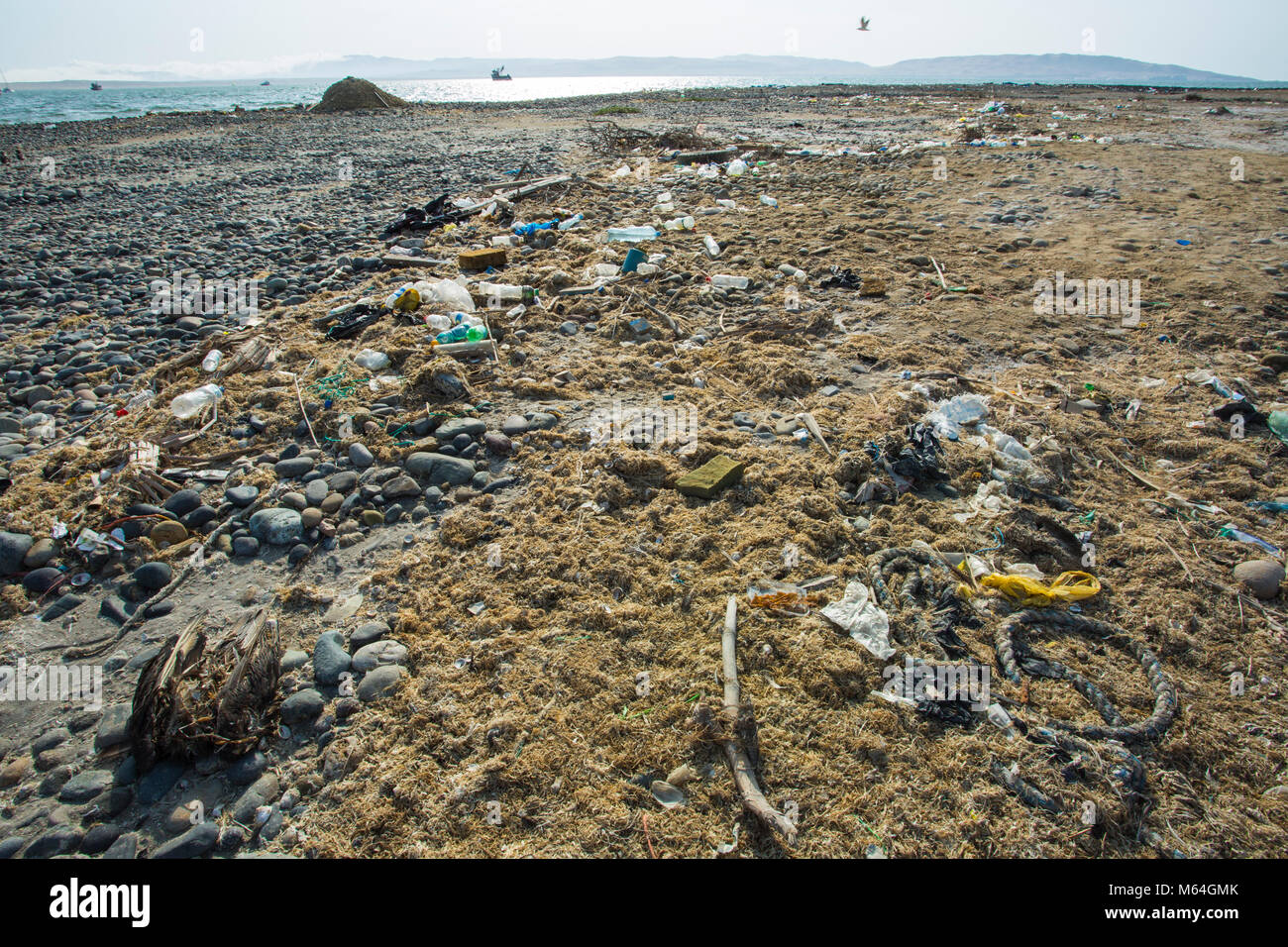 Contaminated beach. Polluted coast with plastics Stock Photo - Alamy
