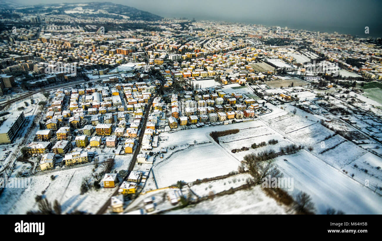 Italy pesaro 2018, aerial view of the snow-covered pesaro city Stock ...