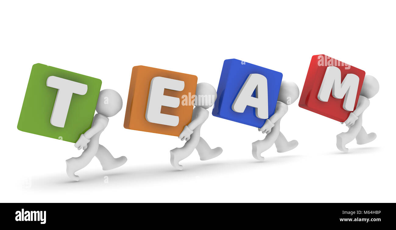 Teamwork concept with four 3d character and colorful dices, 3d ...
