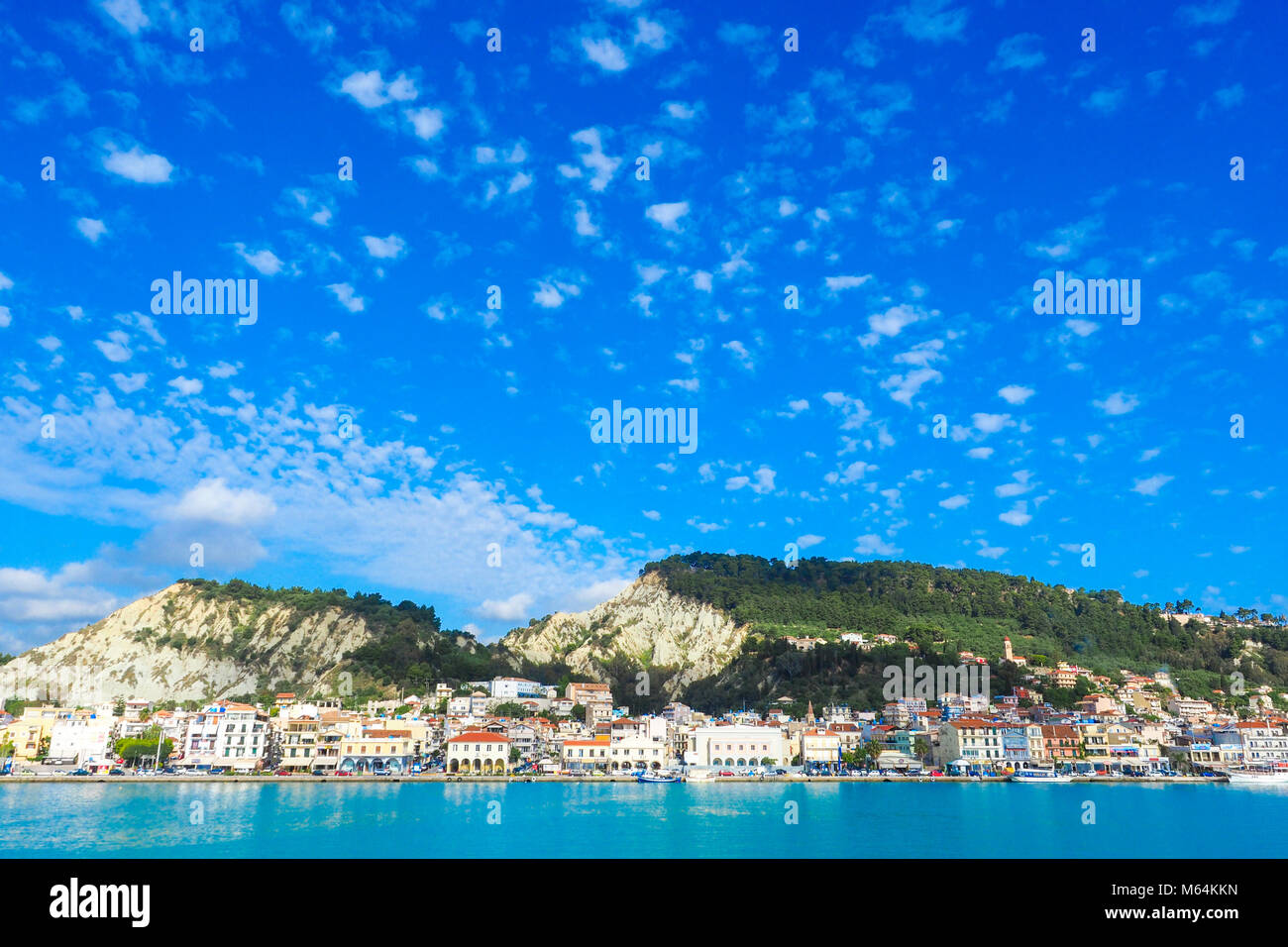 Zante town panorama from the sea. Sunny summer day on the island of ...