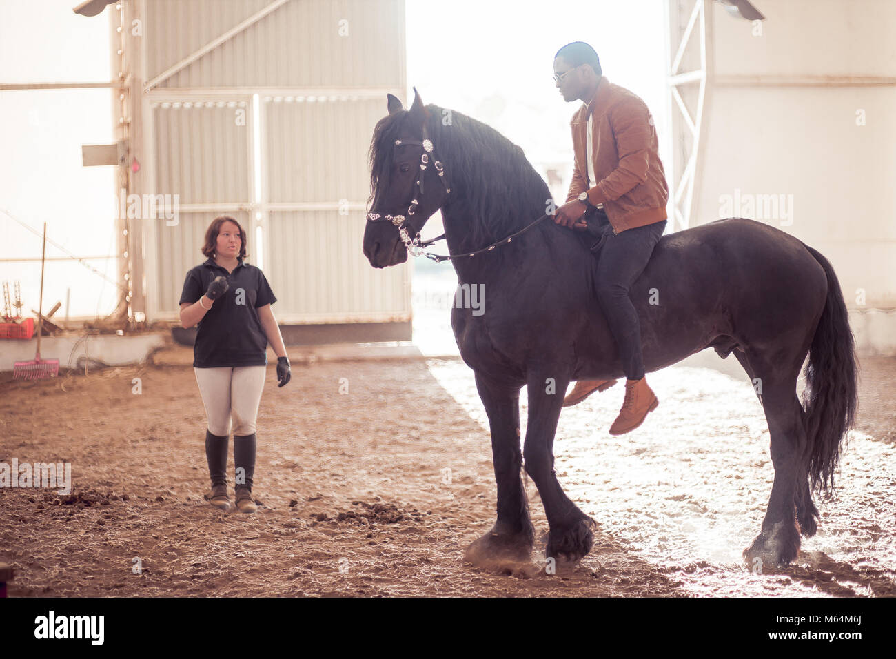man riding brown horse on countryside Stock Photo - Alamy