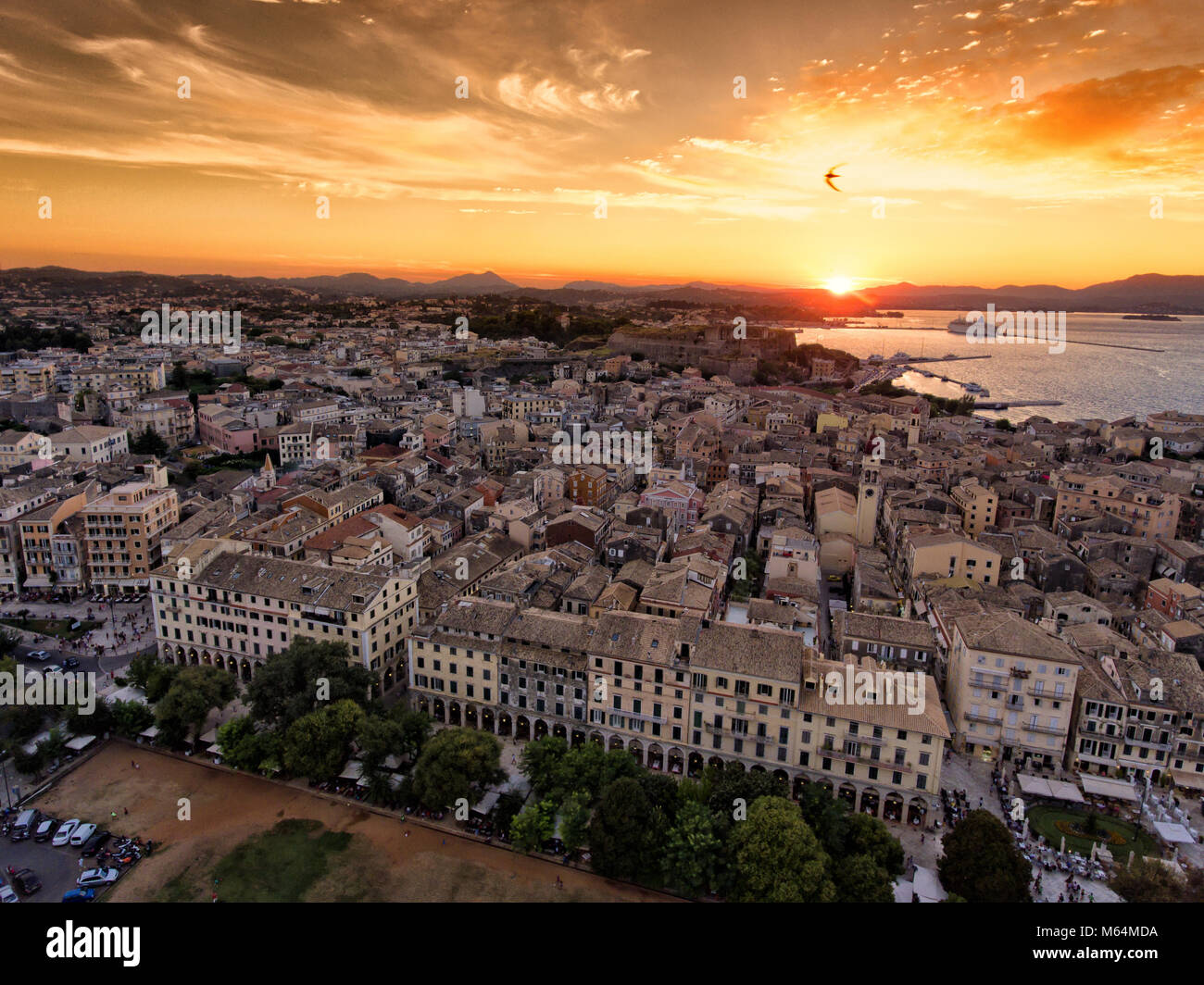 Corfu town panoramic sunset. Aerial image from drone. Kerkyra island ...