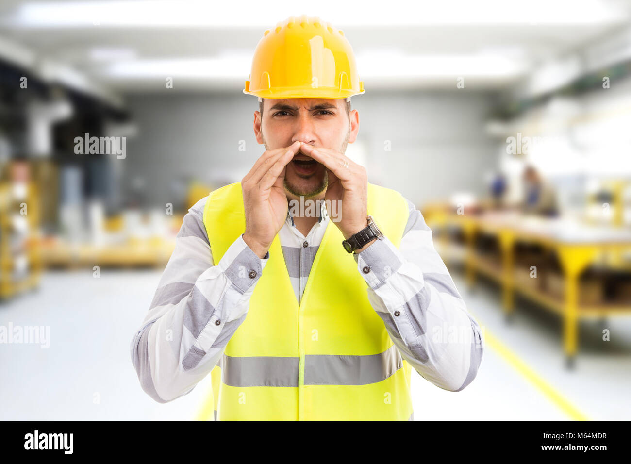 Angry factory manager yelling and shouting mad impatient and irritated ...