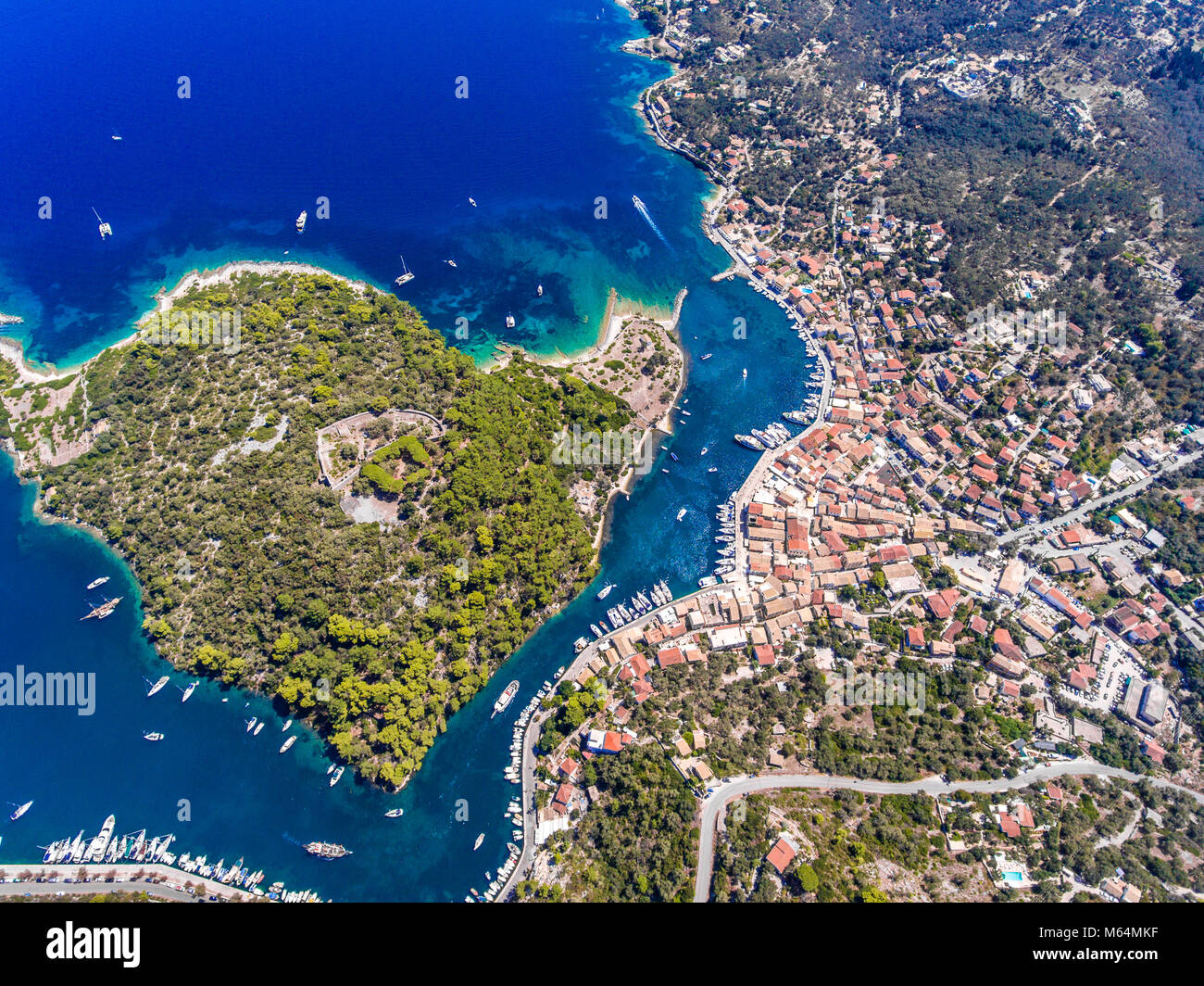 Paxos island from above. Aerial view of the small town Gaios, capital ...