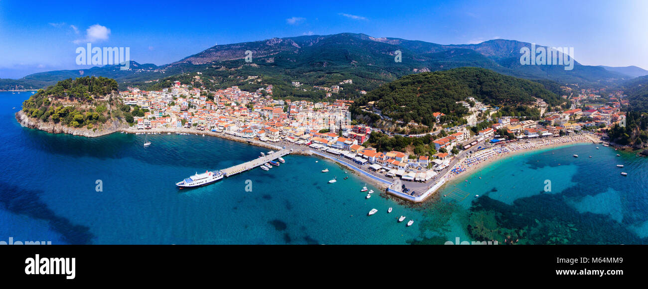 Parga aerial panorama from drone. Old village and harbour panoramic ...