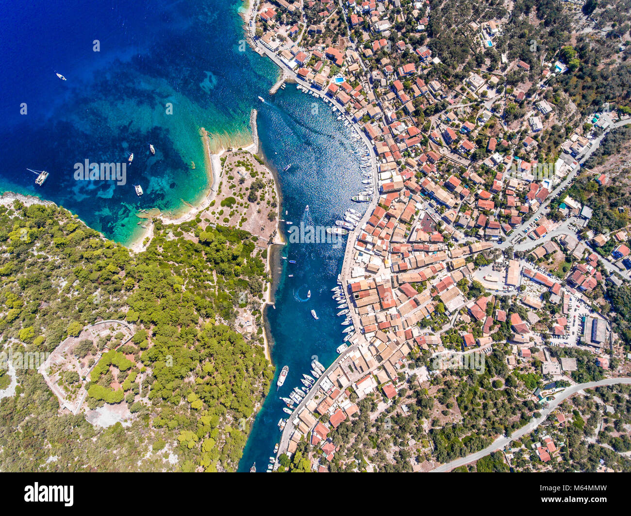 Paxos island from above. Aerial view of the small town Gaios, capital ...