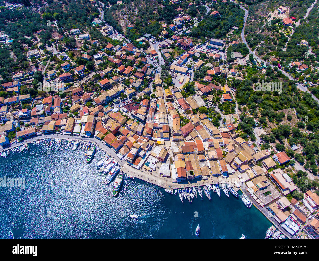 Gaios, capital city of Paxos Island near Corfu, aerial view. Grand ...