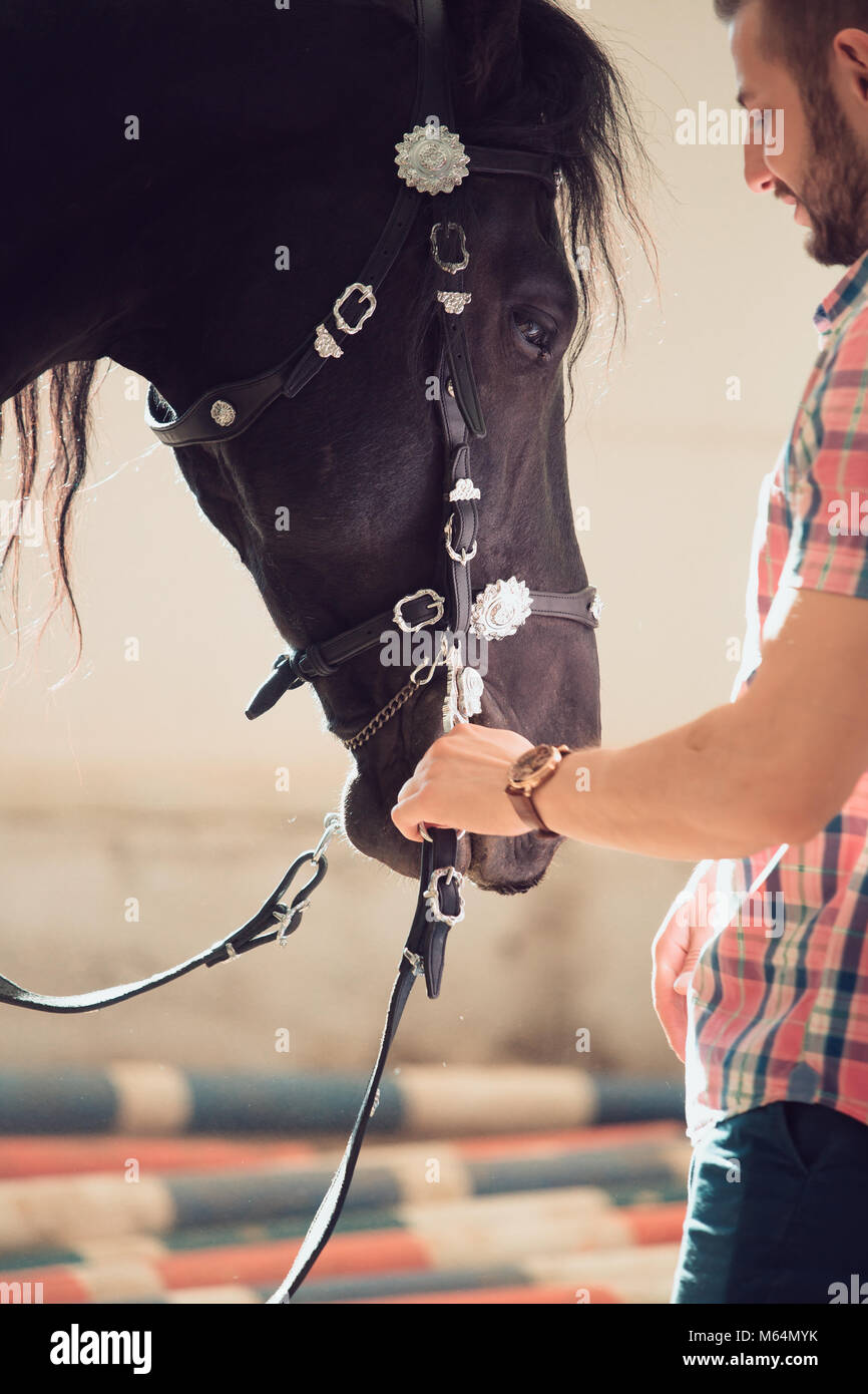 Young man with horse. Autumn outdoors scene Stock Photo - Alamy