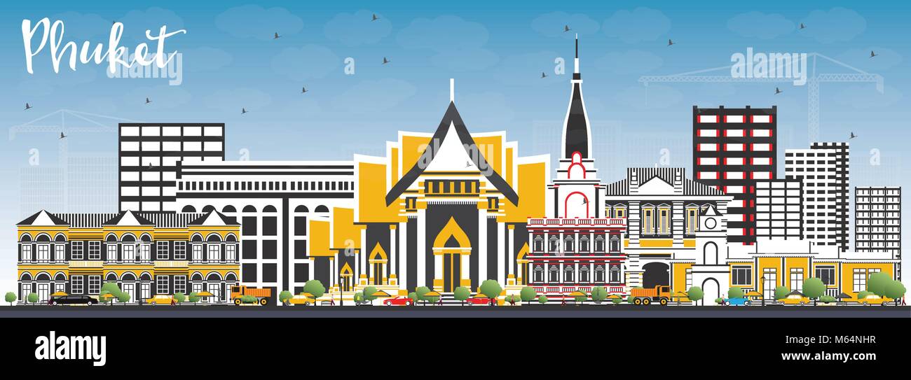 Phuket Thailand City Skyline with Color Buildings and Blue Sky. Vector ...