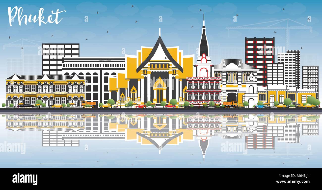 Phuket Thailand City Skyline with Color Buildings, Blue Sky and ...