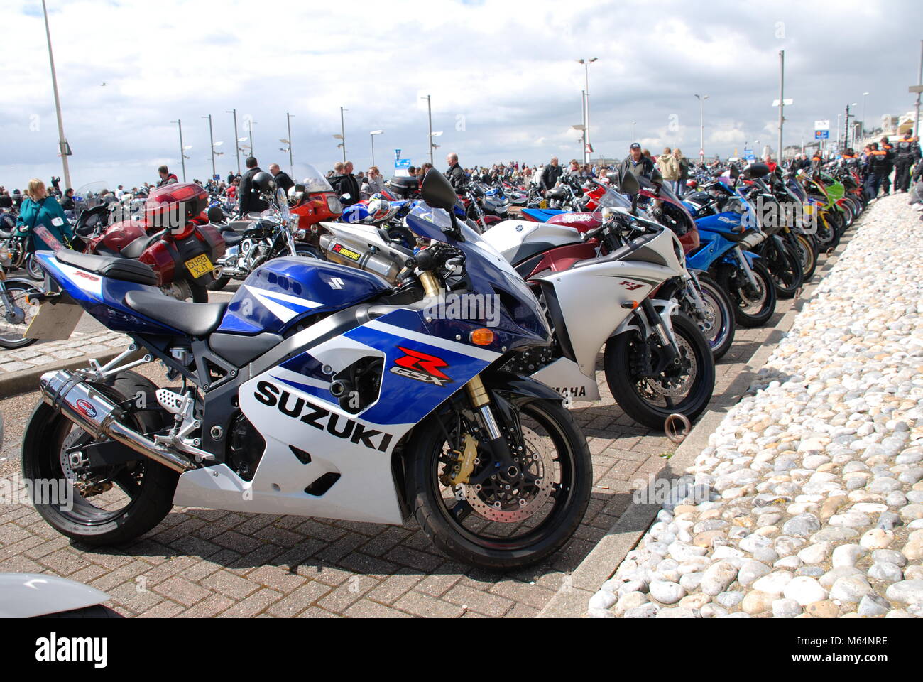 Motorcycles parked on the seafront at the annual May Day bikers rally ...