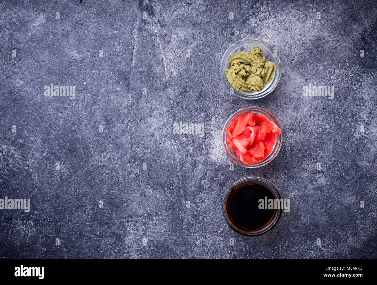 Wasabi, ginger and soy sauce. Traditional Japanese condiments. Top view ...