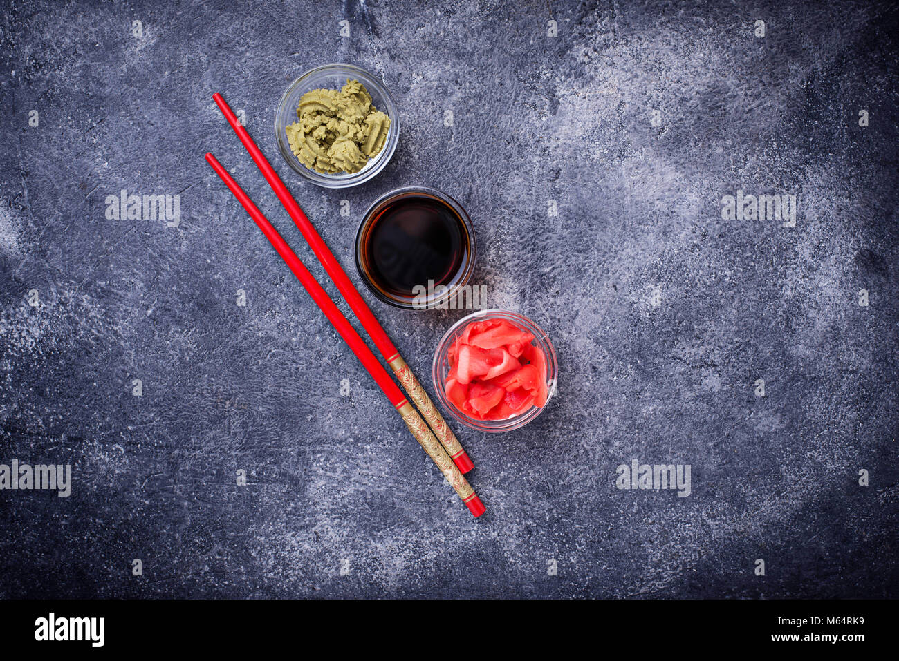 Wasabi, ginger and soy sauce. Traditional Japanese condiments. Top view ...