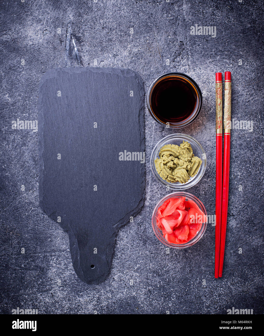 Wasabi, ginger and soy sauce. Traditional Japanese condiments. Top view ...