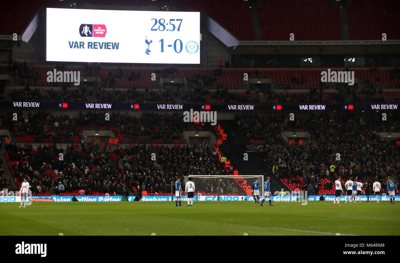 The LED Screen alerts the crowd to a VAR Review during the Emirates FA ...