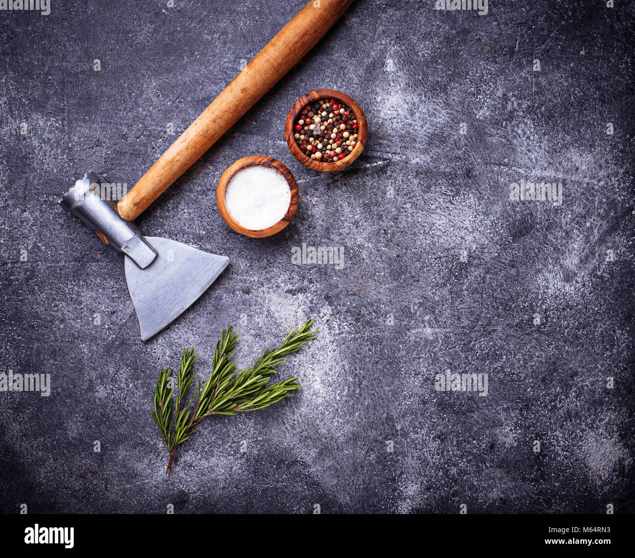 Butchers axe for meat and spices. Kitchen background. Top view Stock ...
