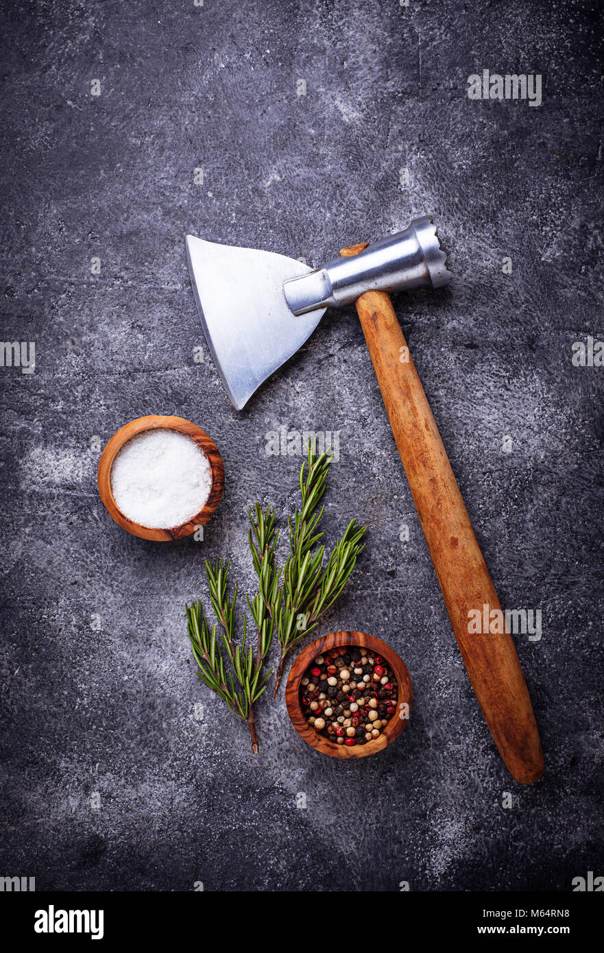 Butchers axe for meat and spices. Kitchen background. Top view Stock ...