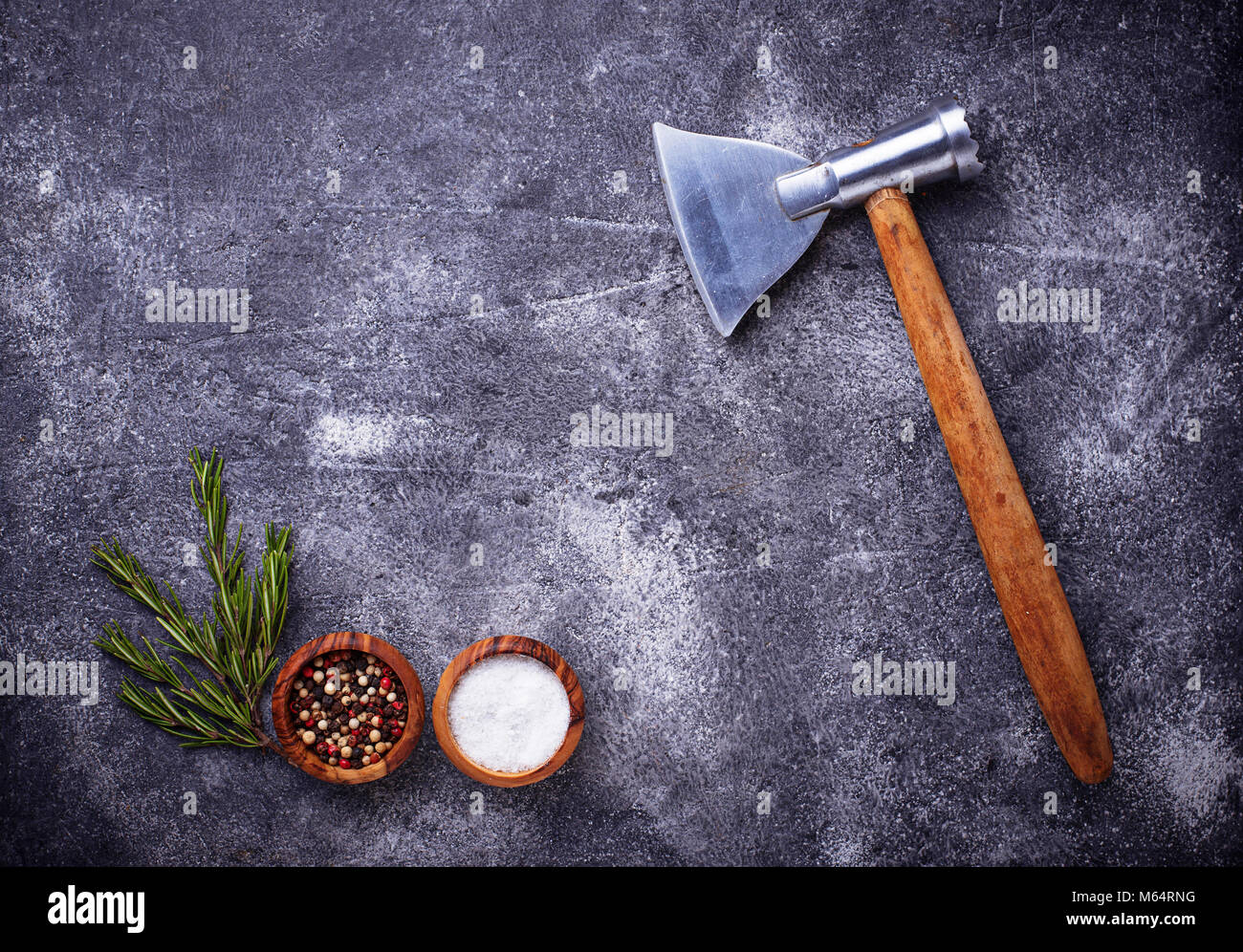 Butchers axe for meat and spices. Kitchen background. Top view Stock ...