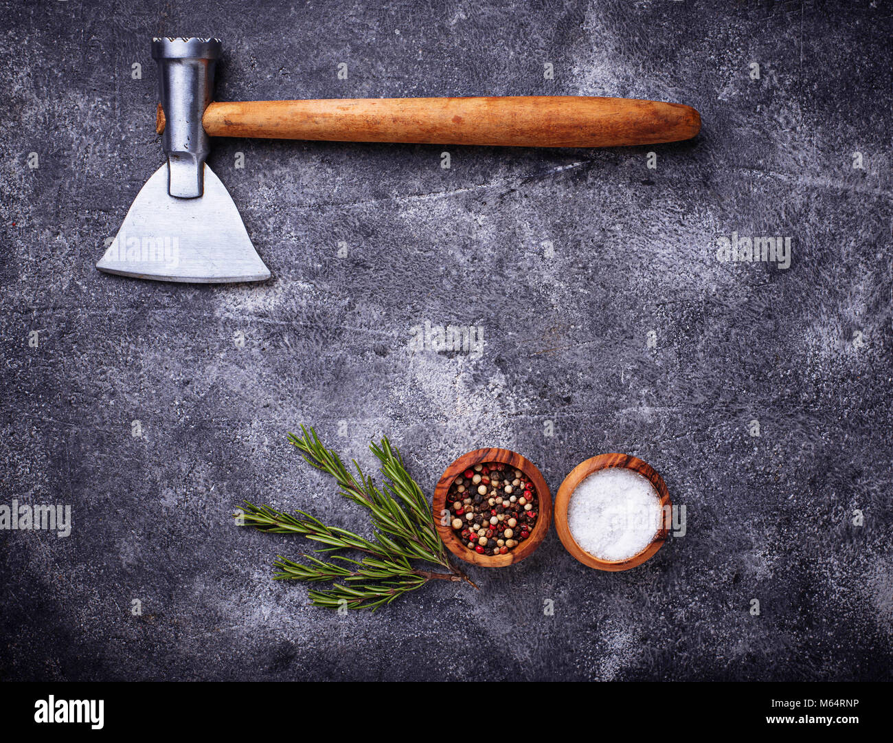 Butchers axe for meat and spices. Kitchen background. Top view Stock ...