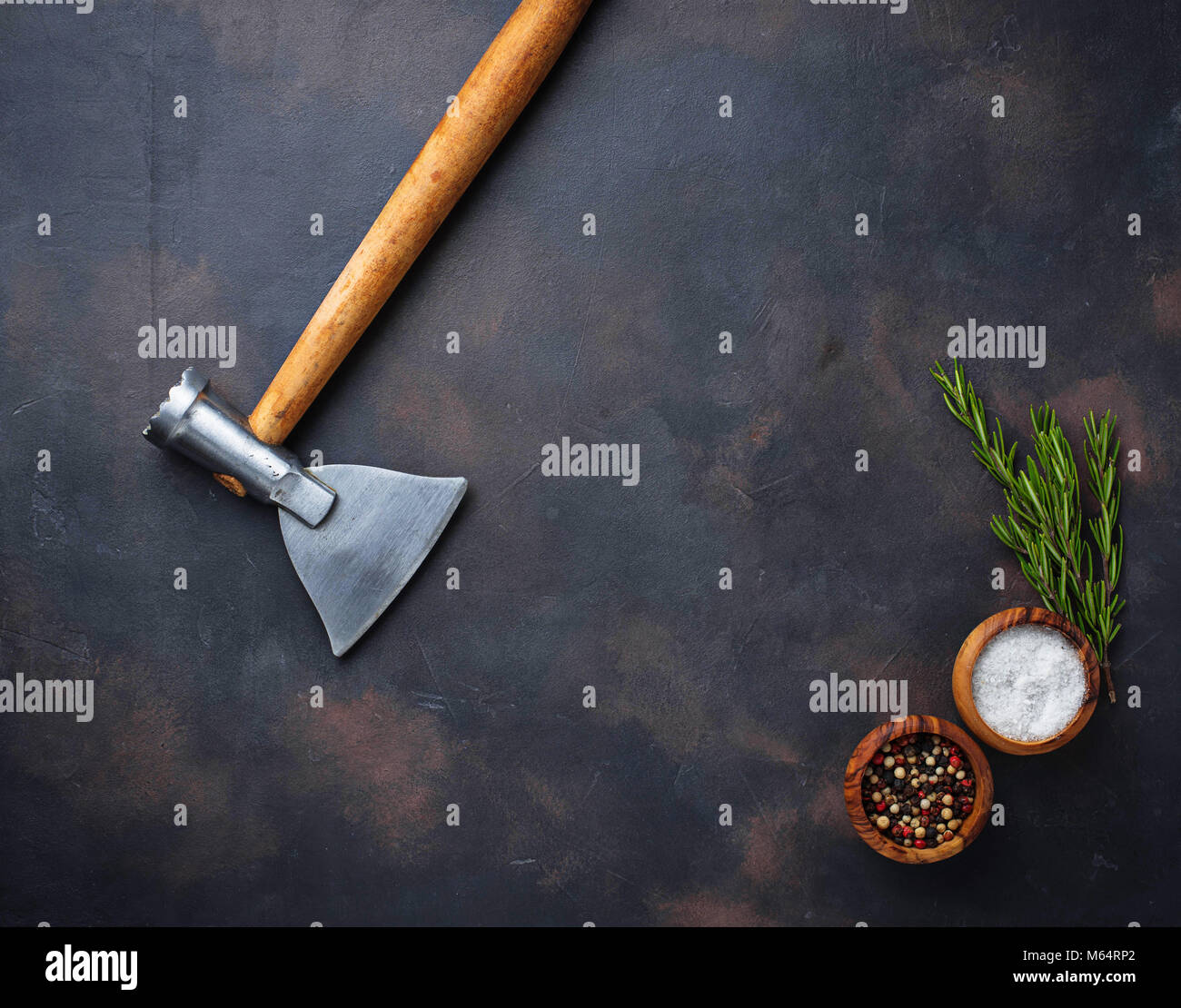 Butchers axe for meat and spices. Kitchen background. Top view Stock ...