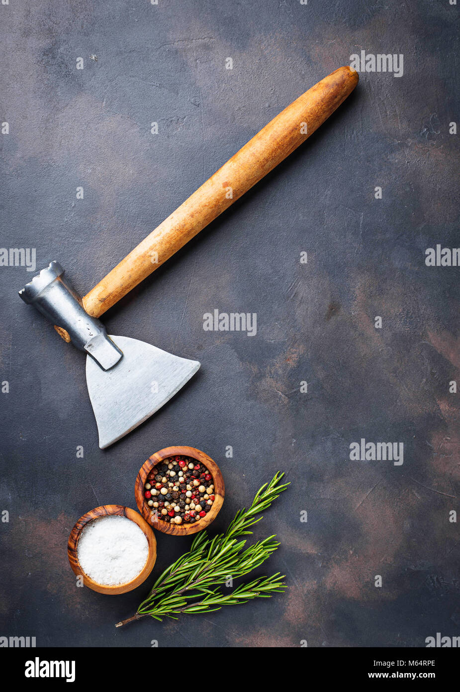 Butchers axe for meat and spices. Kitchen background. Top view Stock ...
