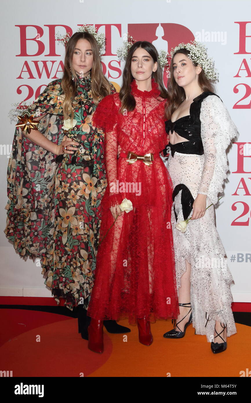 London, UK. Haim at The Brit Awards 2018 at the O2 Arena, Greenwich ...