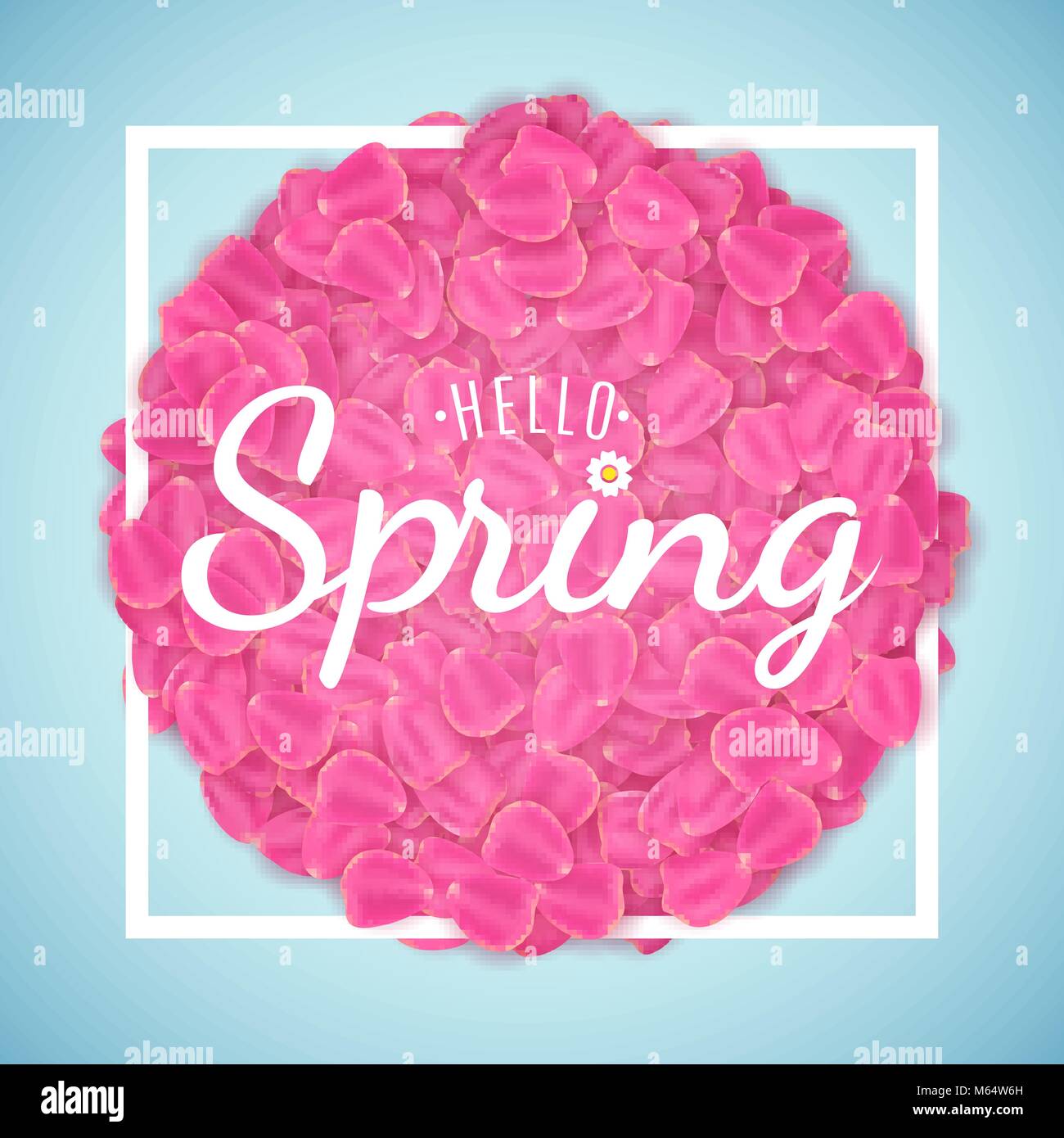Hello spring phrase. Seasonal eco banner. Sakura petals, tulips in a ...