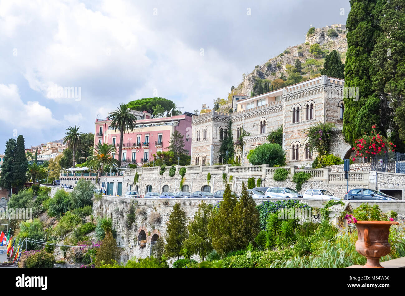 View of Taormina town buildings in Sicily Stock Photo - Alamy