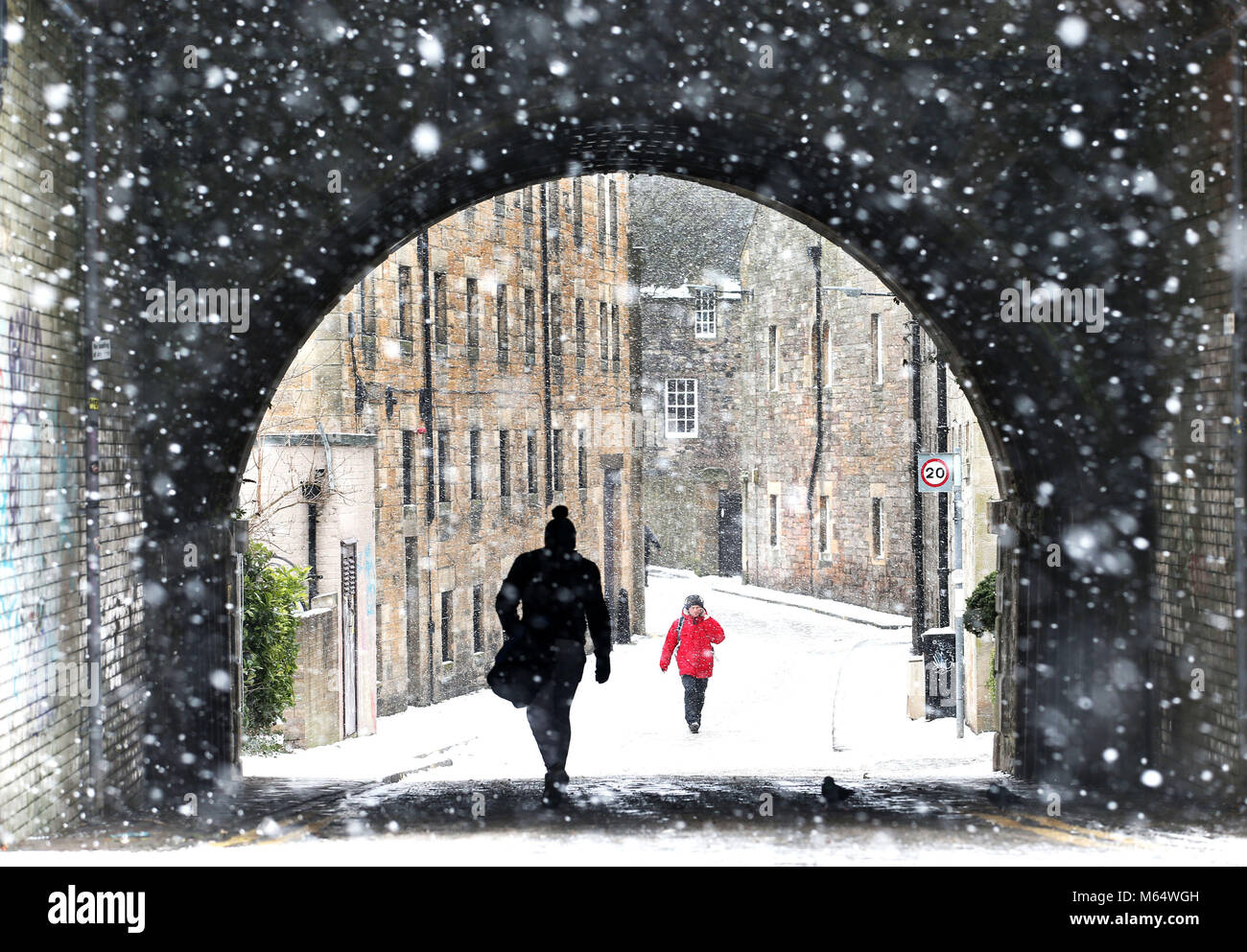 A view through the falling snow looking down the Croft-an-Righ in ...
