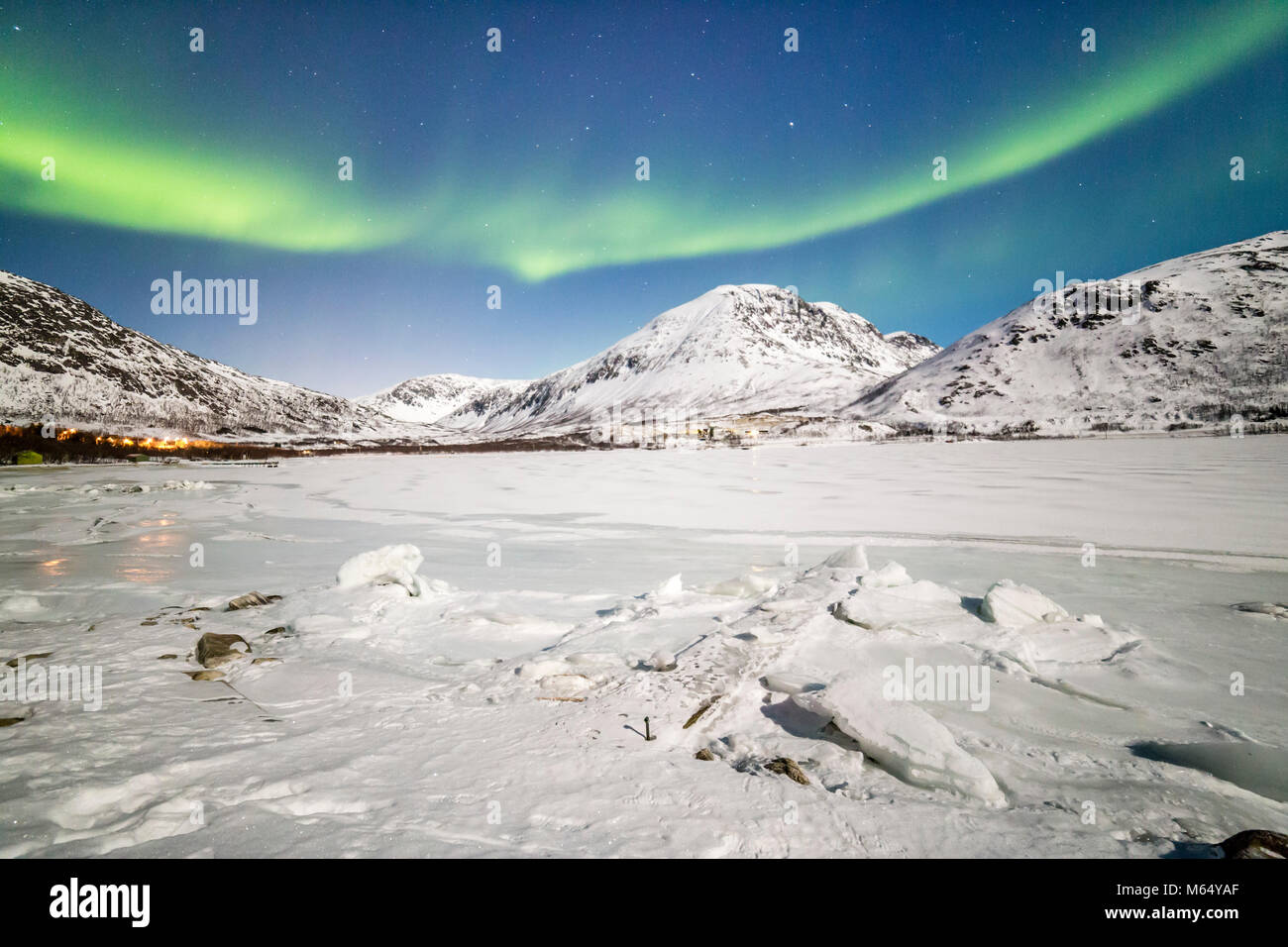 Aurora borealis or northern lights, active coloured curtains moving ...