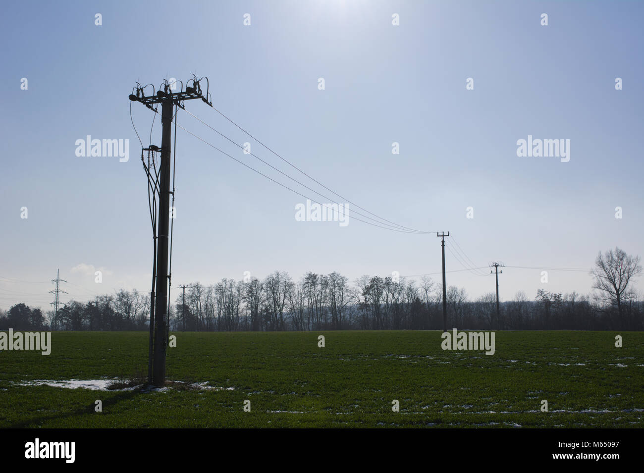 Spring landscape with power transmission towers on a grass field Stock ...