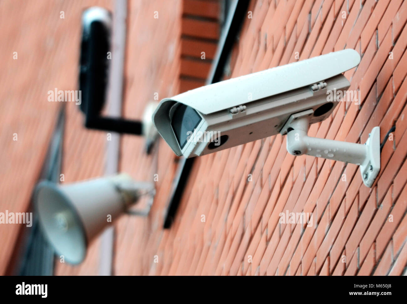 Security camera and alarm horn on the wall Stock Photo - Alamy